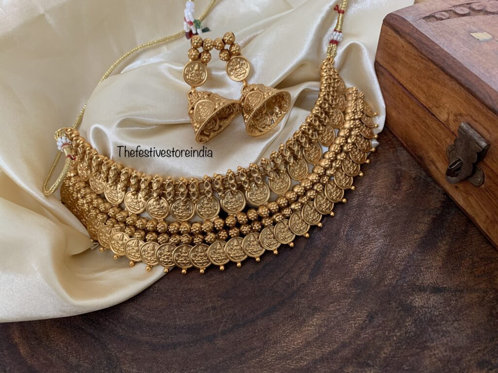 Two layer heavy high neck kaasu choker set - The Festive Store