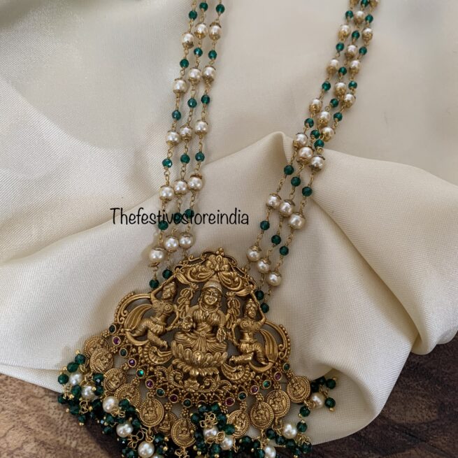 Antique polish green beads lakshmi haaram set – The Festive Store