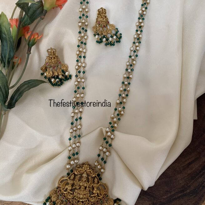 Antique polish green beads lakshmi haaram set – The Festive Store