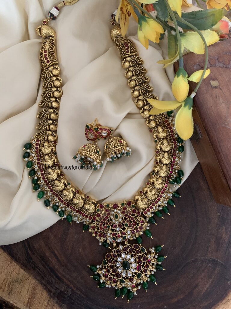 Bridal kemp and green beads haaram set - The Festive Store