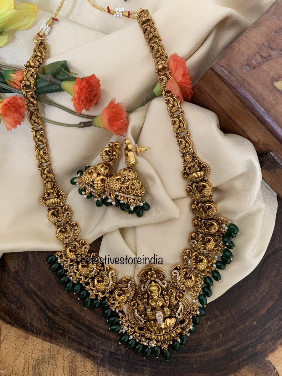 Green beads Lakshmi bridal haaram set - The Festive Store