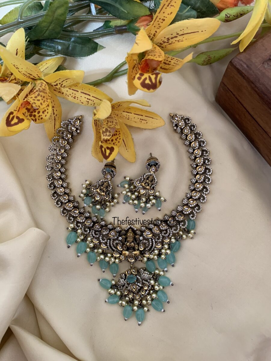 Pastel blue Lakshmi Victorian necklace set - The Festive Store