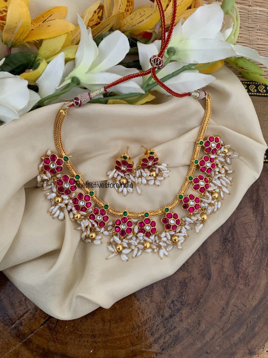 Jadau floral rice pearls set with push back earrings - The Festive Store
