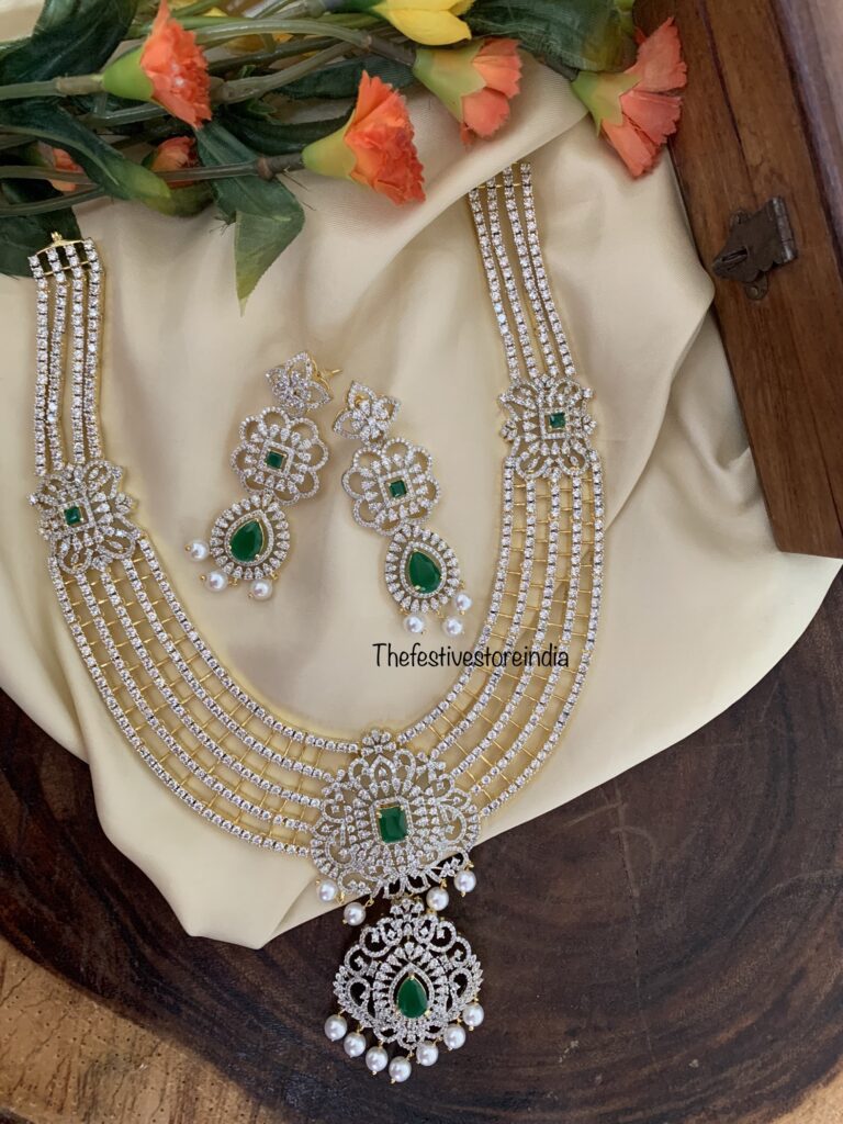 Bridal AD green stone haaram set - The Festive Store