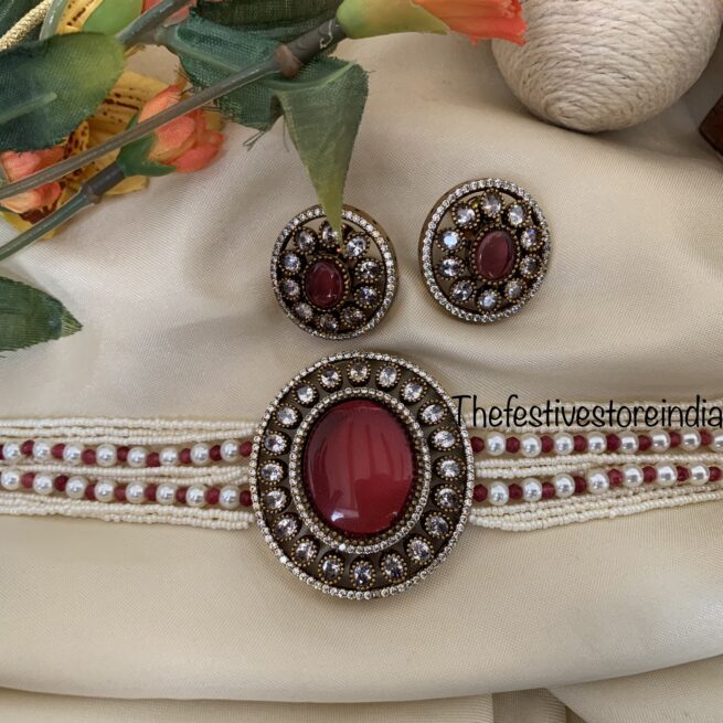 Victorian oval maroon pendant choker set – The Festive Store