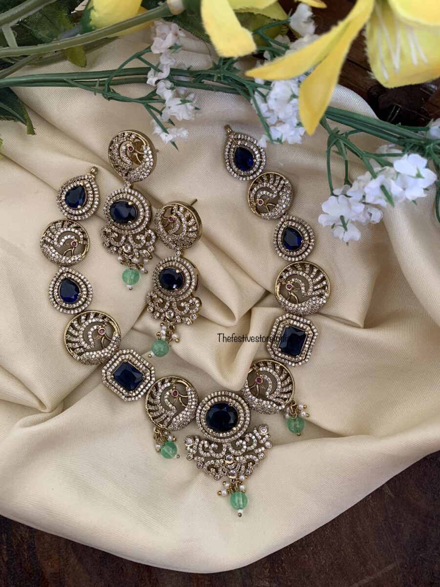Blue stone mint drops victorian necklace set - The Festive Store