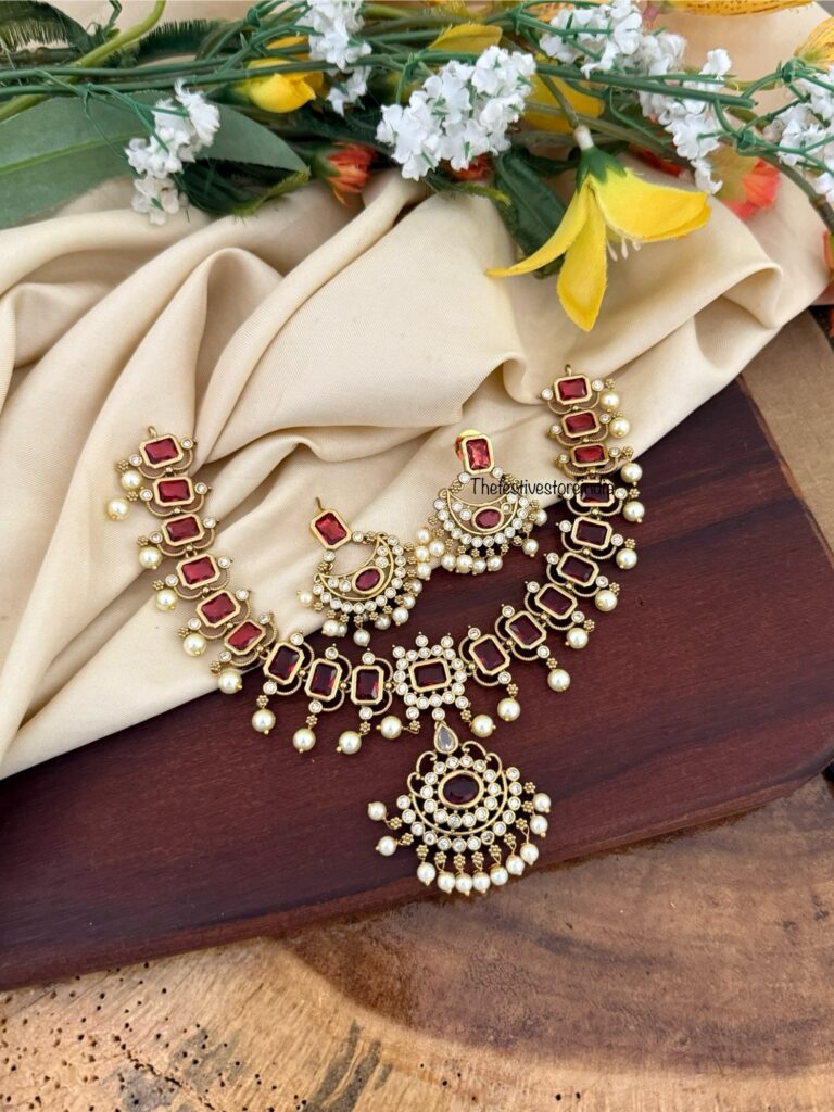 Blocks Ruby attigai set with chandbali - The Festive Store