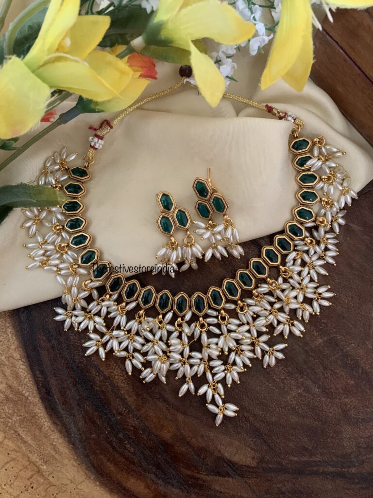 Fusion green stone rice pearls set - The Festive Store