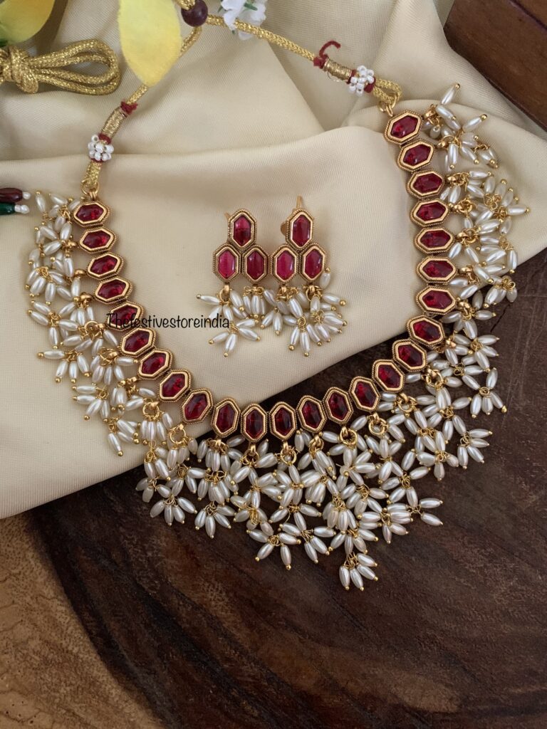 Fusion red stone rice pearls set - The Festive Store