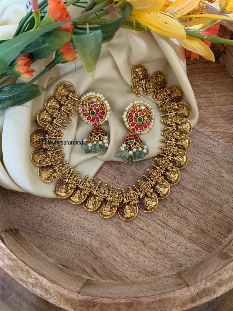 Jadau Kaasu navilu necklace with statement mint drops jhumkas - The ...