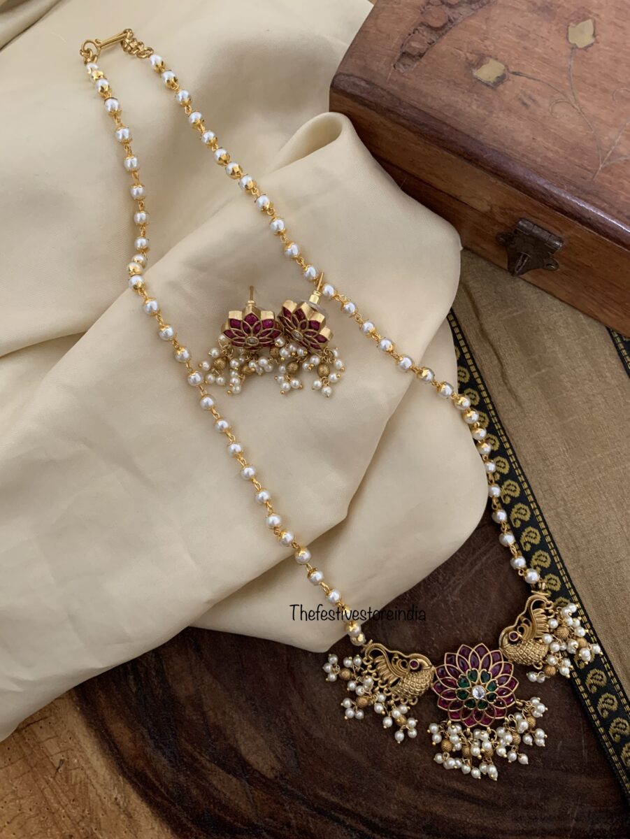 Classic floral navilu pearl haaram set - The Festive Store