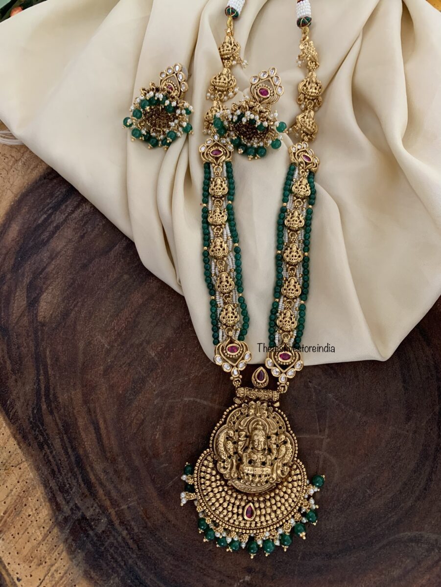 Green and white beads bridal Lakshmi haaram set - The Festive Store