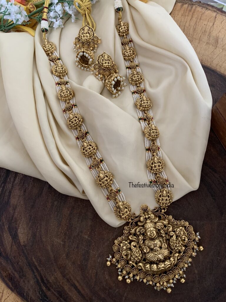 Grand white beads Lakshmi haaram set - The Festive Store