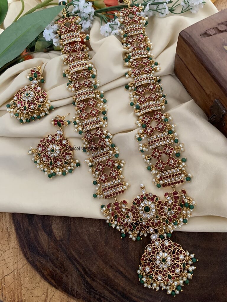 Bridal Kemp with green beads haaram set - The Festive Store
