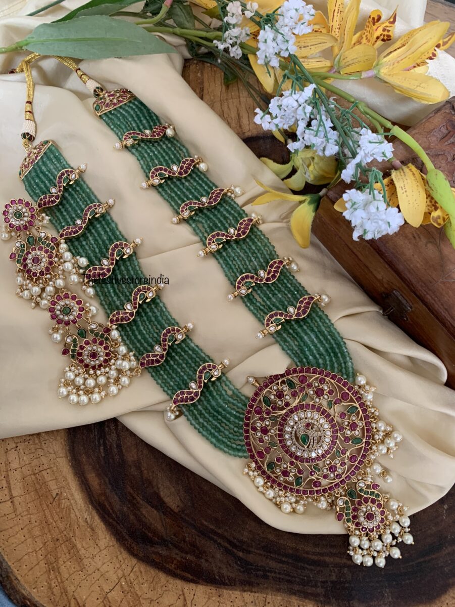 Grand Bridal round pendant green beads haaram set - The Festive Store