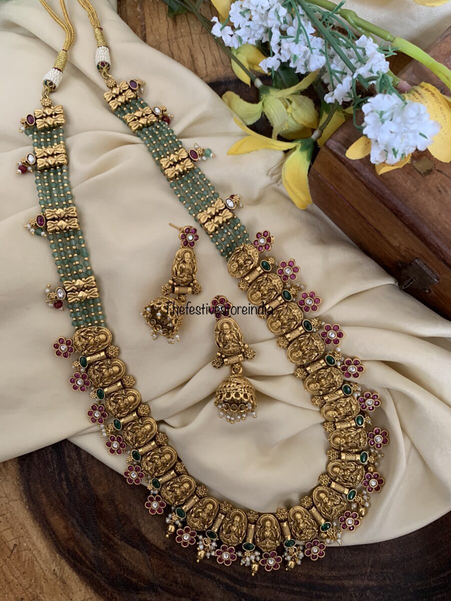 Bridal green beads lakshmi floral haaram set - The Festive Store