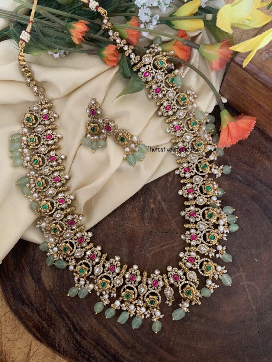 Grand bridal mint beads haaram set - The Festive Store