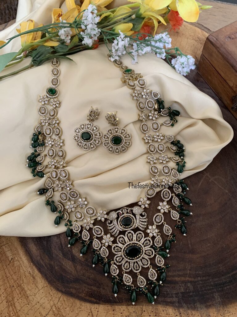 2 layer green drops Victorian bridal haaram set - The Festive Store