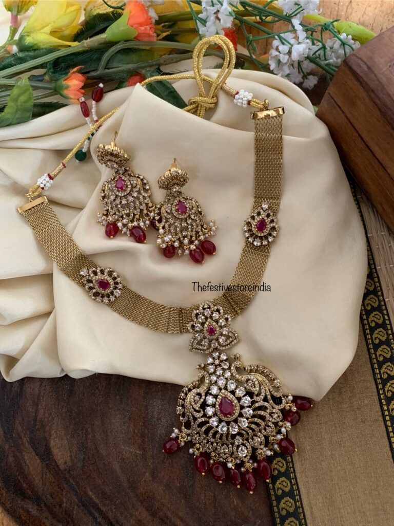 Bridal victorian chain necklace set - Maroon beads | Ruby - The Festive ...