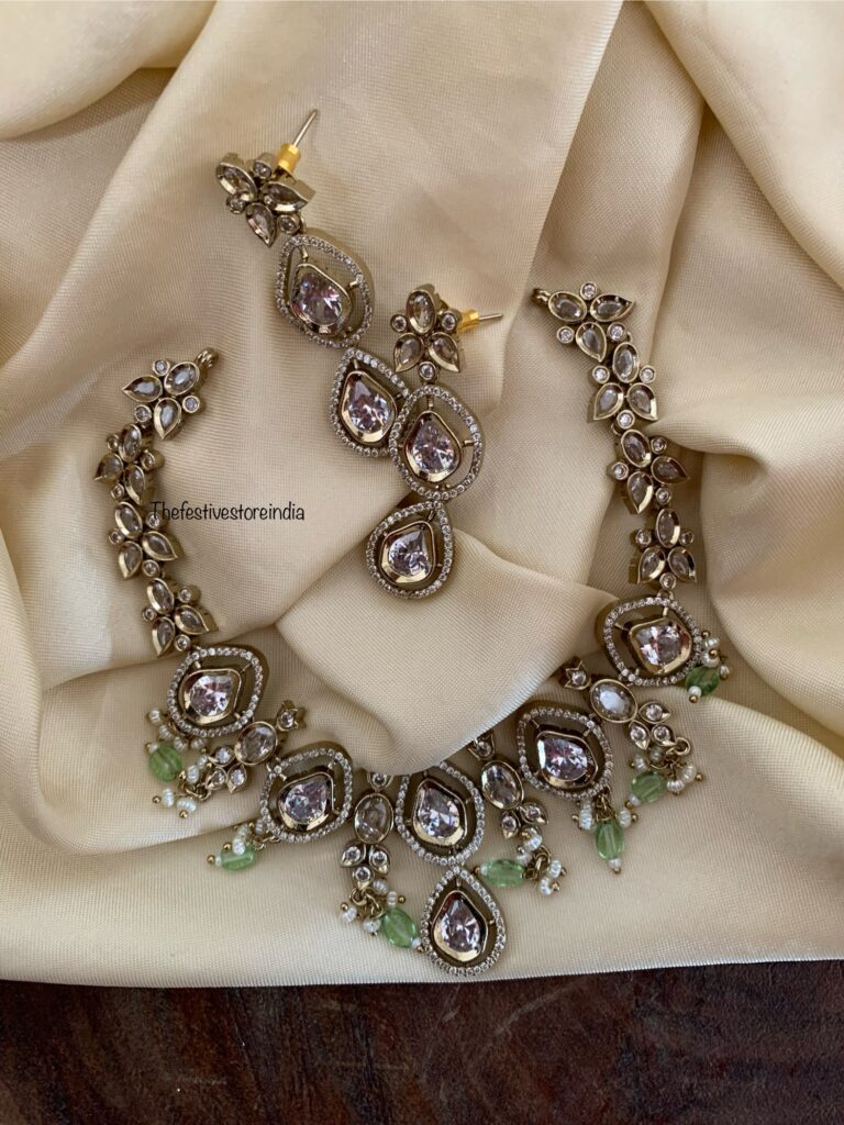 All white with mint drops Victorian necklace set - The Festive Store