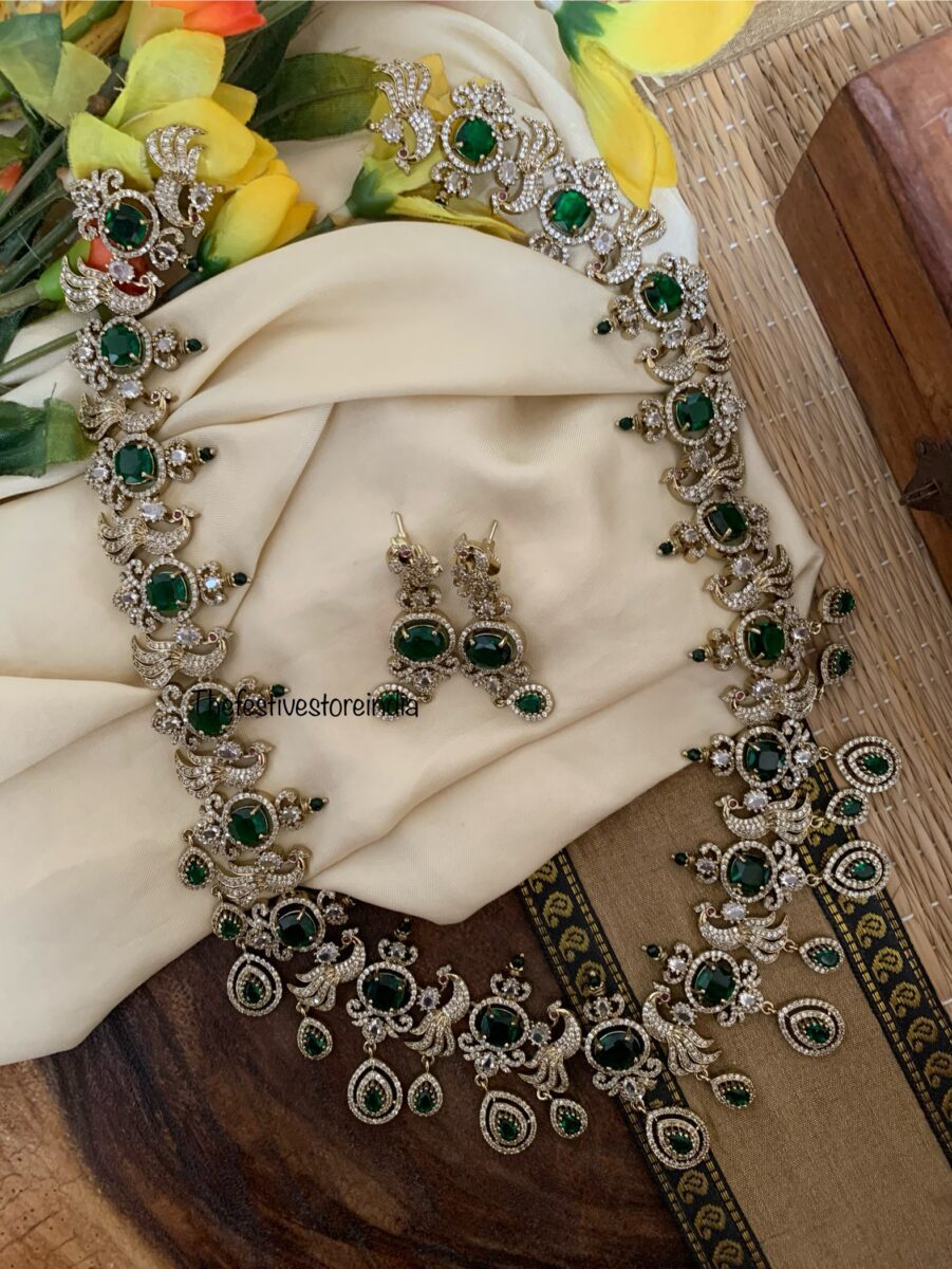 Designer Bridal Victorian emerald haaram set - The Festive Store
