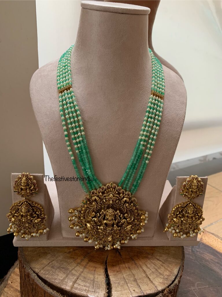 Green beads bridal lakshmi haaram set - The Festive Store
