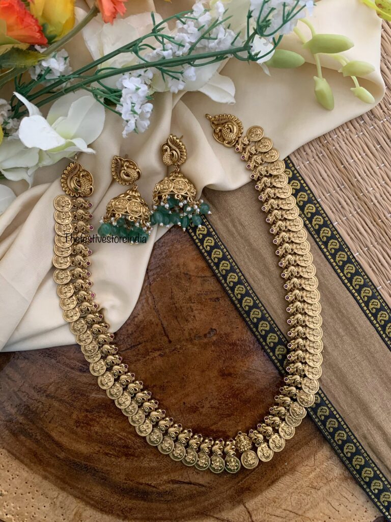 Lakshmi kaasu haaram set with Green drop Bridal jhumkas - The Festive Store