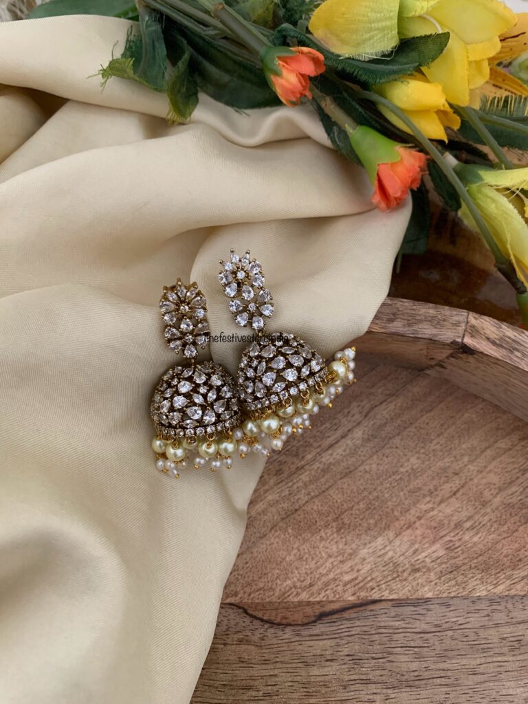 CZ White stone jhumkas - The Festive Store