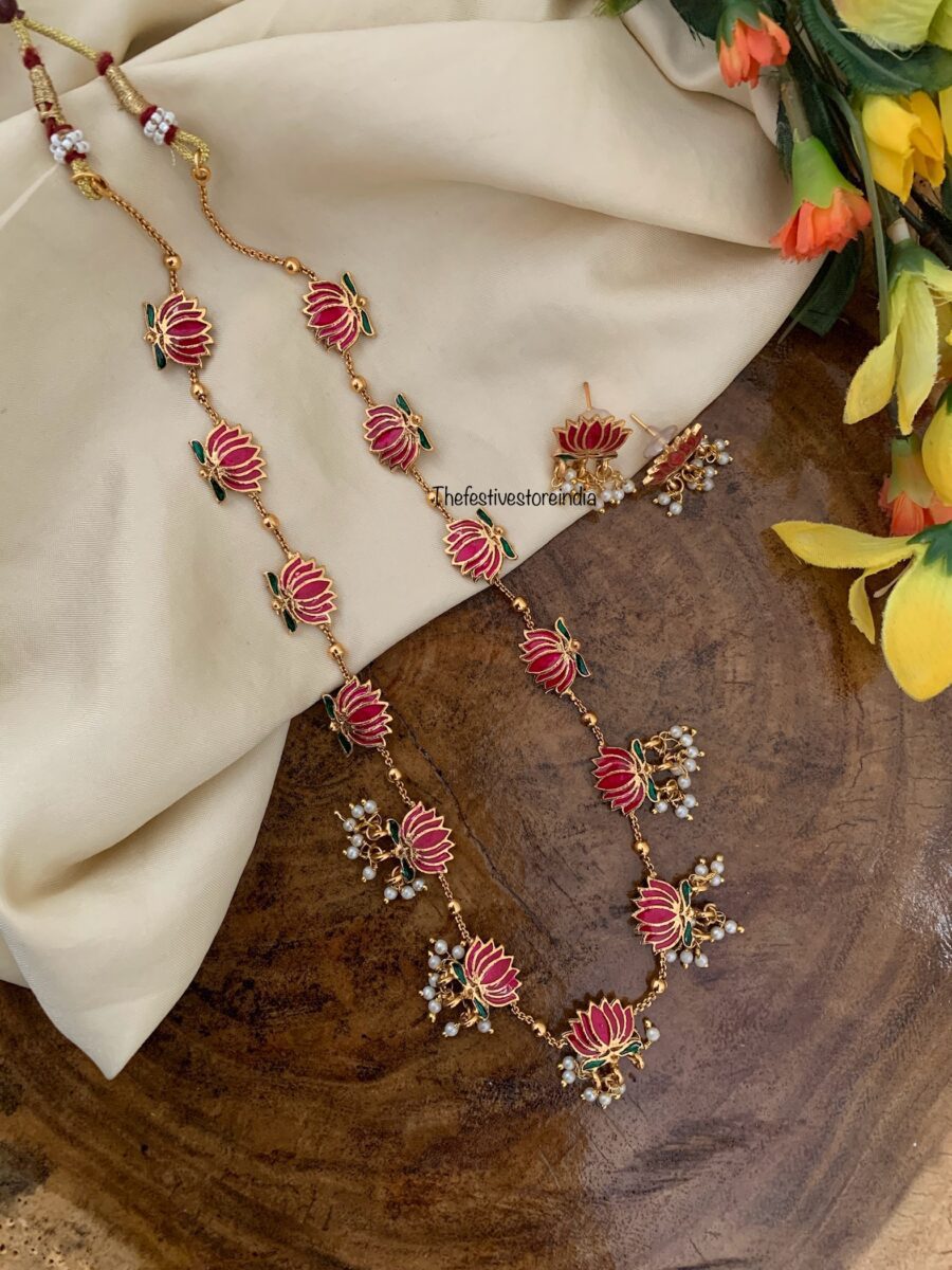 Enamel painted Lotus haaram set - The Festive Store