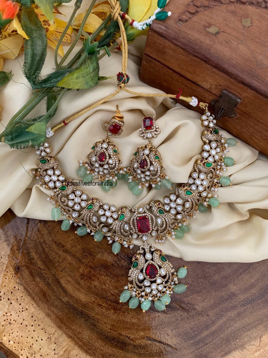 Heavy mint drops Bridal Victorian necklace set - The Festive Store