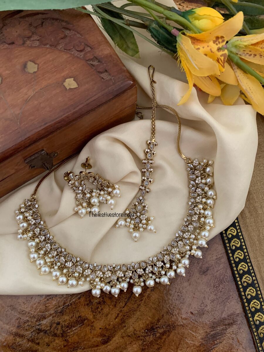 All white Victorian necklace set with maangtikka - The Festive Store