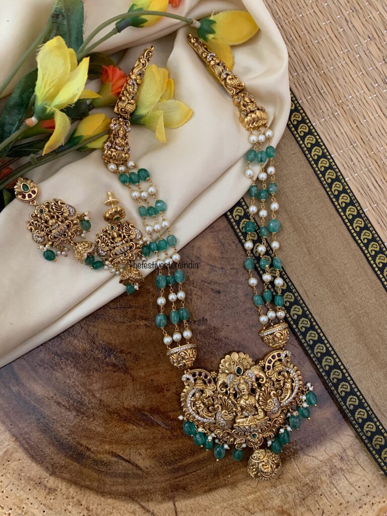 Lakshmi Nakshi green beads mid length haaram set - The Festive Store