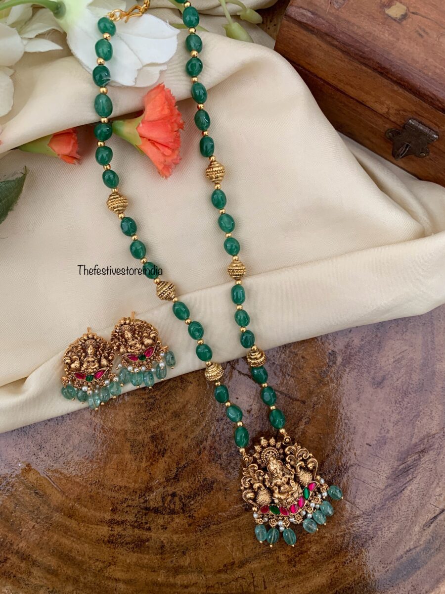 Green beads mid length Lakshmi Haaram set - The Festive Store