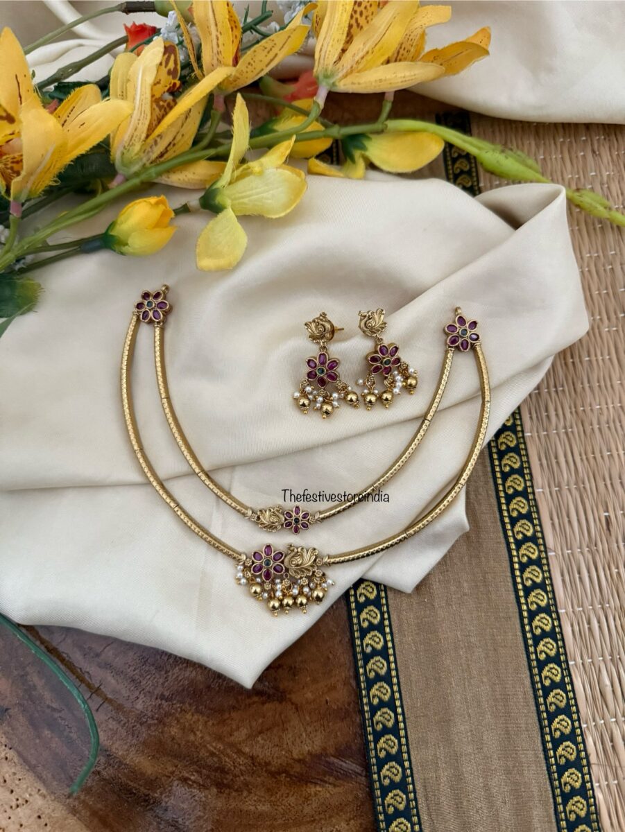 Antique polish 2 layer Navilu floral necklace set - The Festive Store