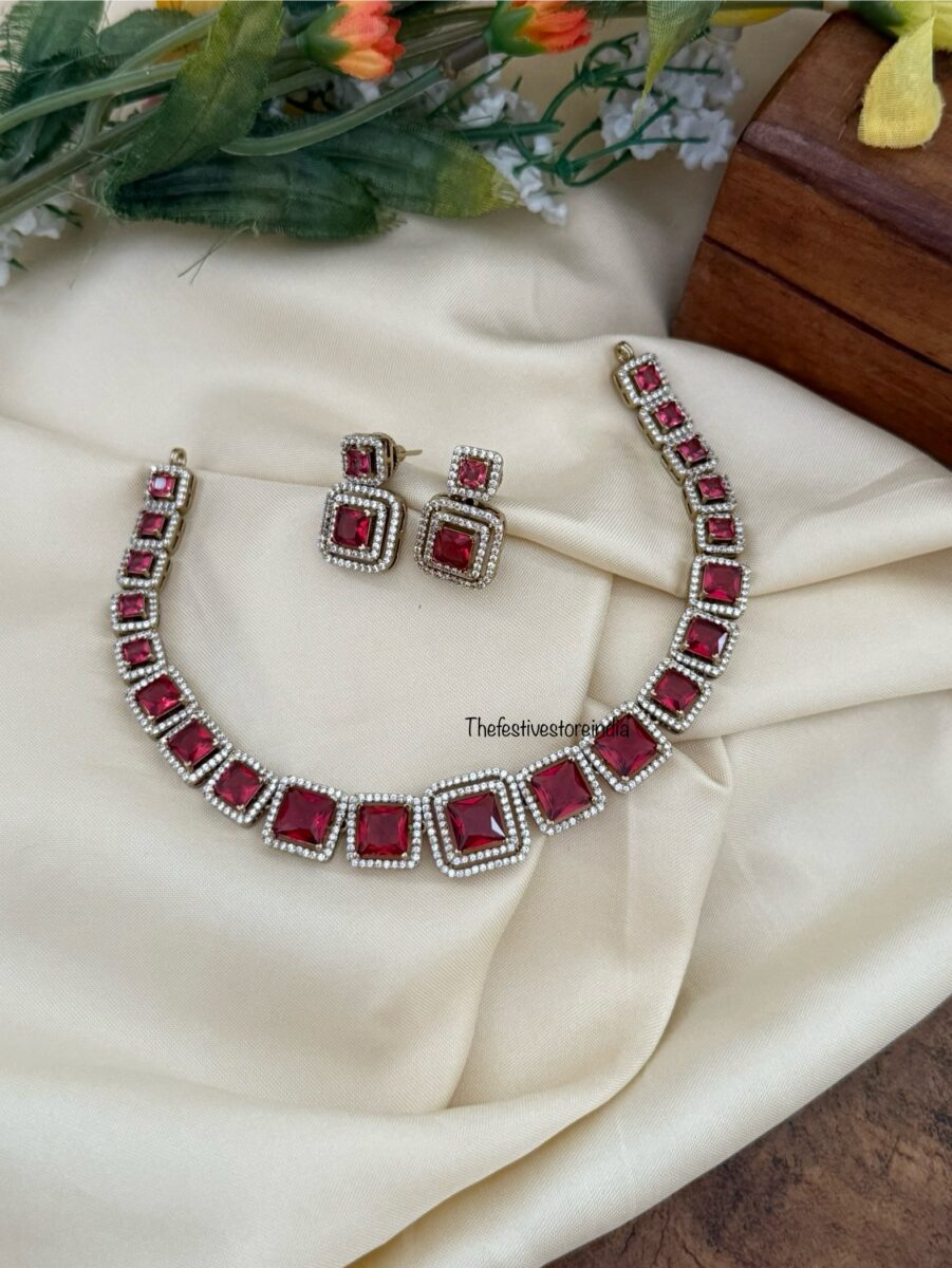 Ruby blocks choker necklace set - The Festive Store