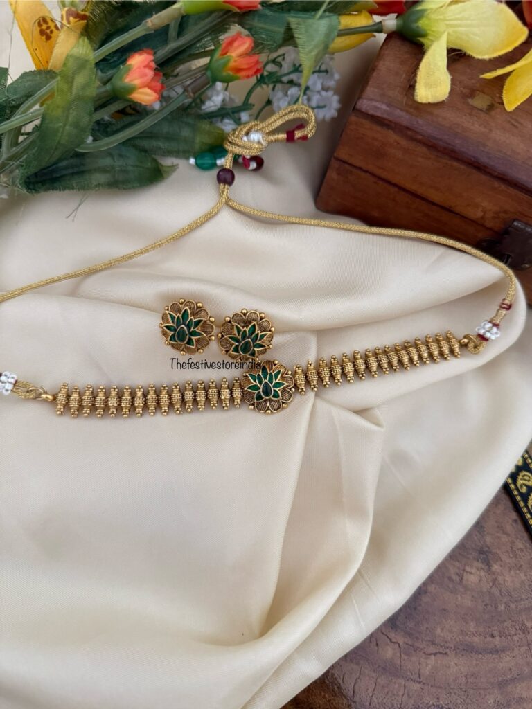 Budgeted green lotus motif choker set - The Festive Store