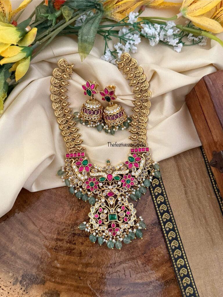 Grand Bridal kaasu necklace set with jhumkas - The Festive Store