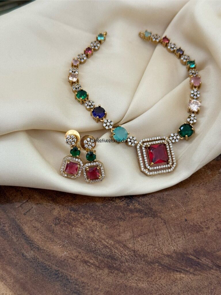 Multi color Diamonds necklace set (Kids friendly) - The Festive Store