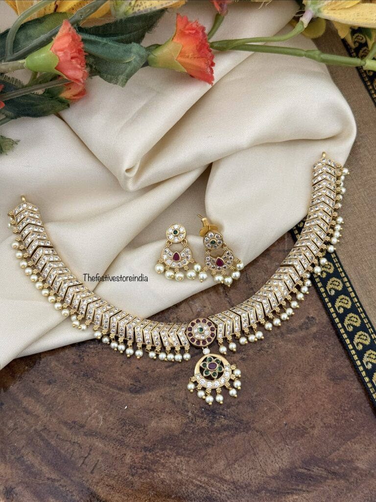Close knit pearls white stones attigai set - The Festive Store